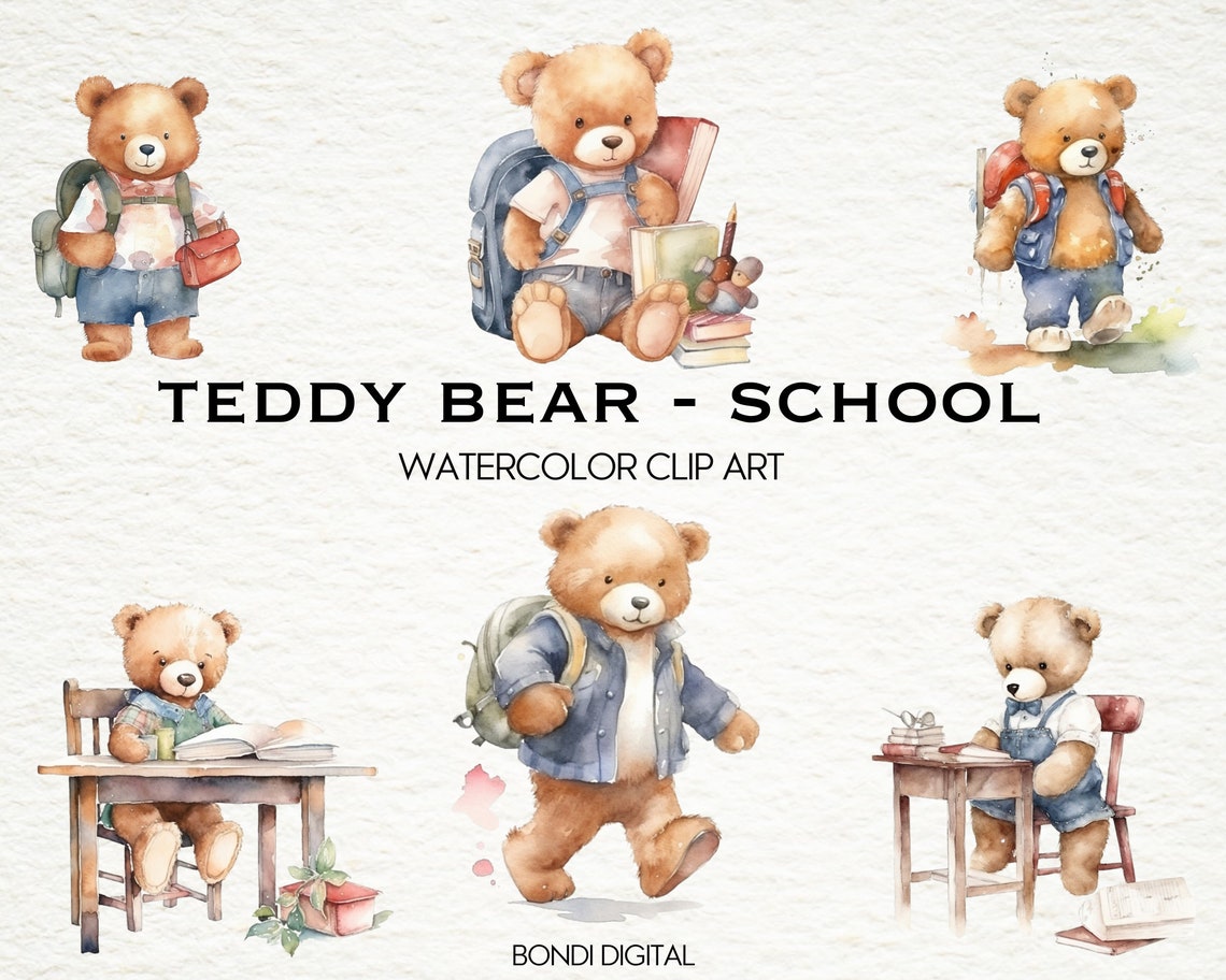 Watercolor Teddy Bear School Clipart | PNG Format for Commercial Use ...