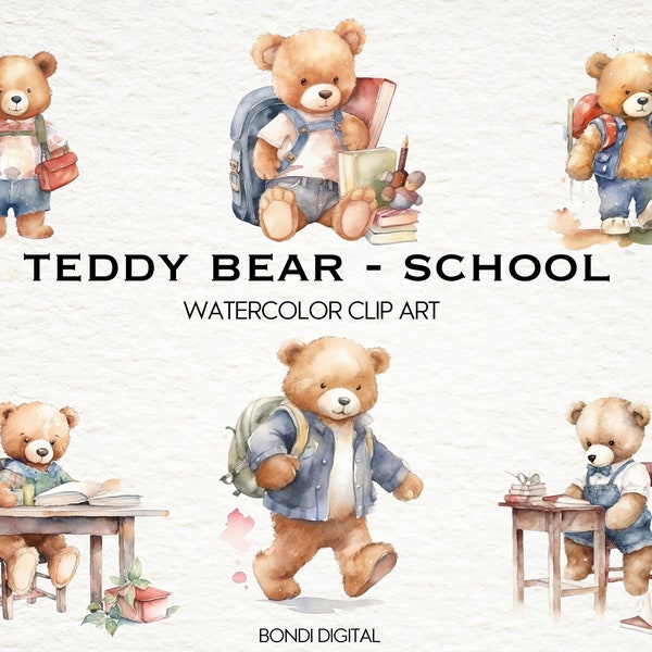Watercolor Teddy Bear School Clipart PNG Format for Commercial Use ...