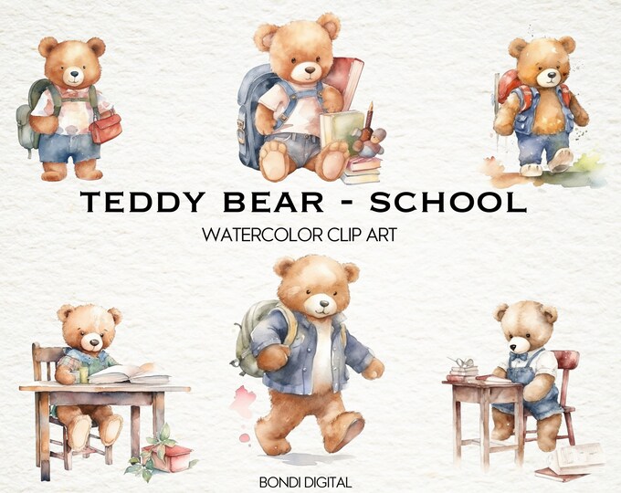 Back to School Clipart, Teddy Bear School Clipart, Multicolor, School ...