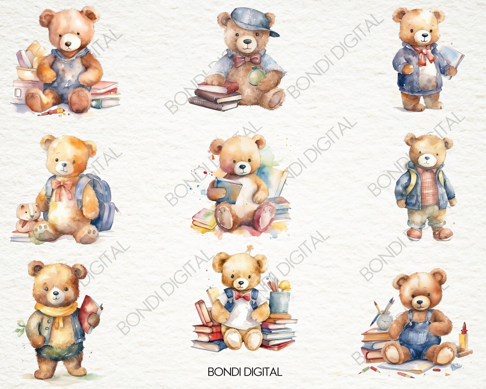 Watercolor Teddy Bear School Clipart | PNG Format for Commercial Use ...