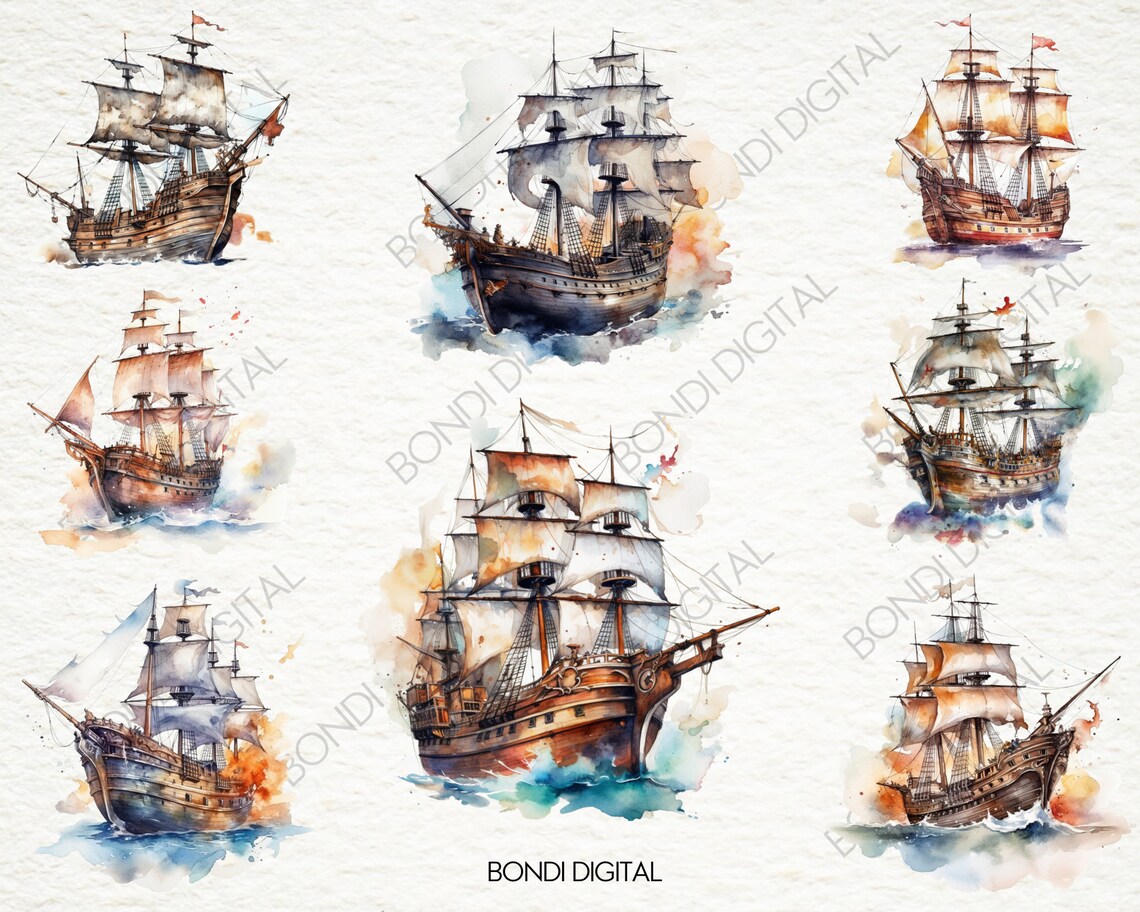 Watercolor Pirate Ship Clipart PNG Format for Commercial - Etsy