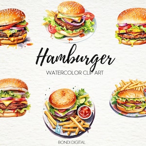 Watercolor Hamburger Clipart - Burger and Fries PNG Format for ...