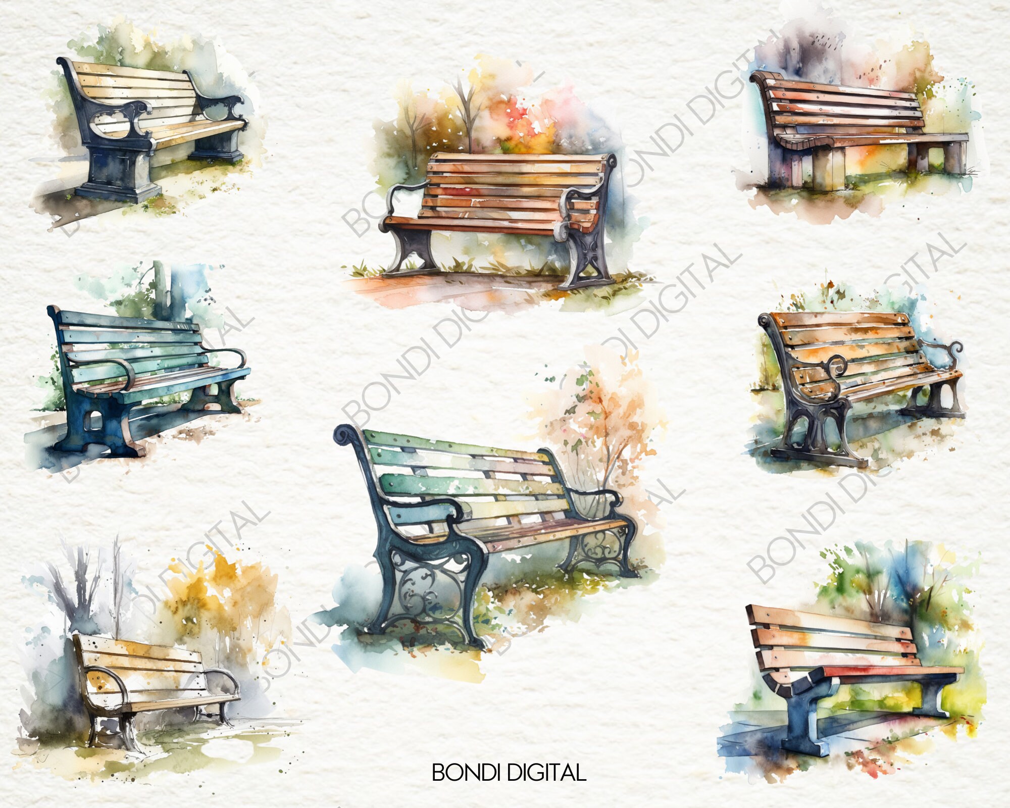 Watercolor Park Bench Clipart | Autumn Clipart | Fall Foliage | PNG ...