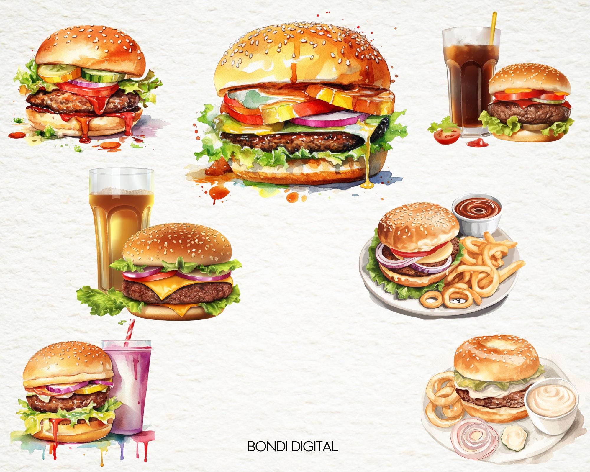 Watercolor Hamburger Clipart - Burger and Fries PNG Format for ...