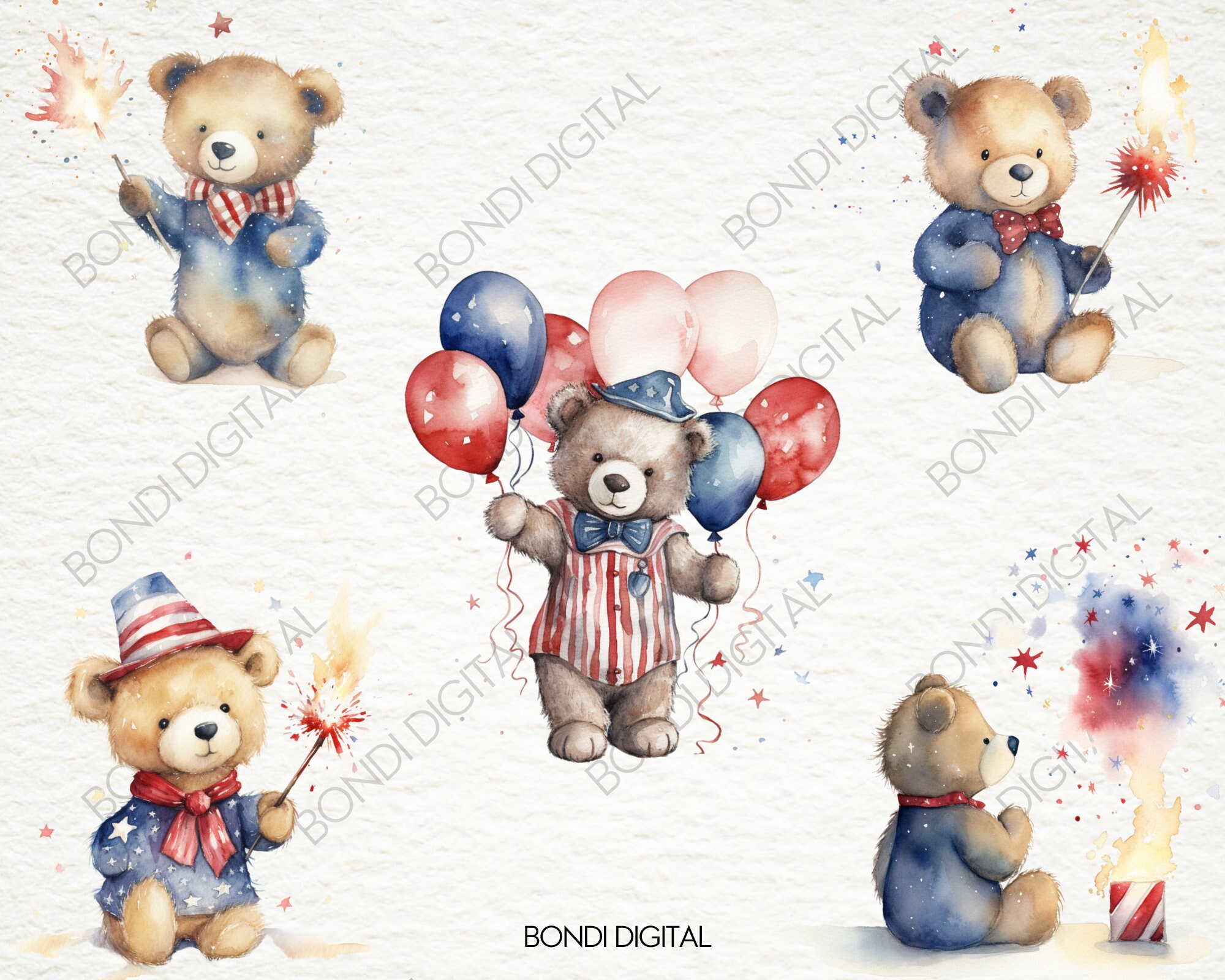 Watercolor Teddy Bear 4th of July Clipart | July 4th Clipart | PNG ...