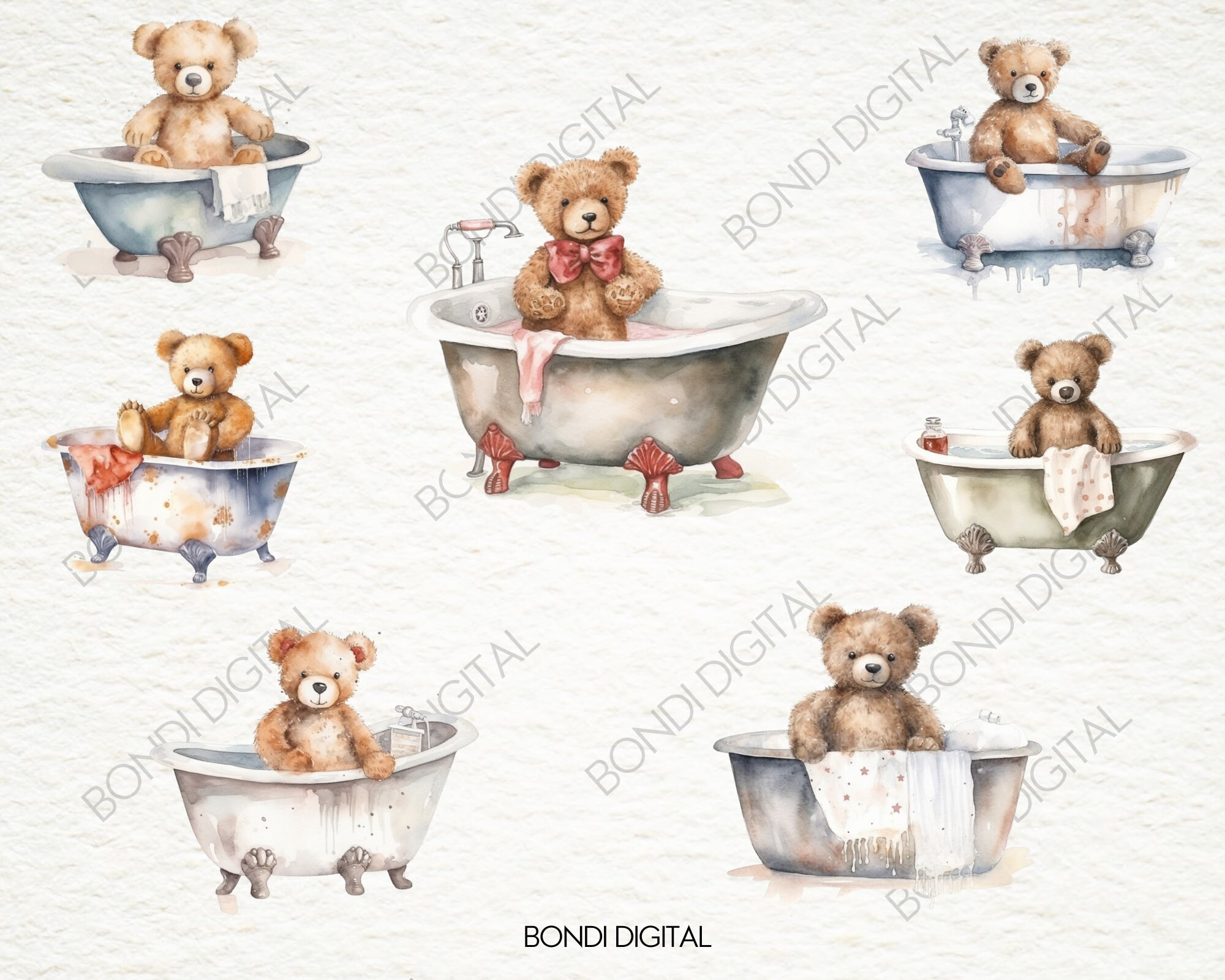 Watercolor Teddy Bear Bathtub Clipart | Bathroom Wall Art | PNG Format ...