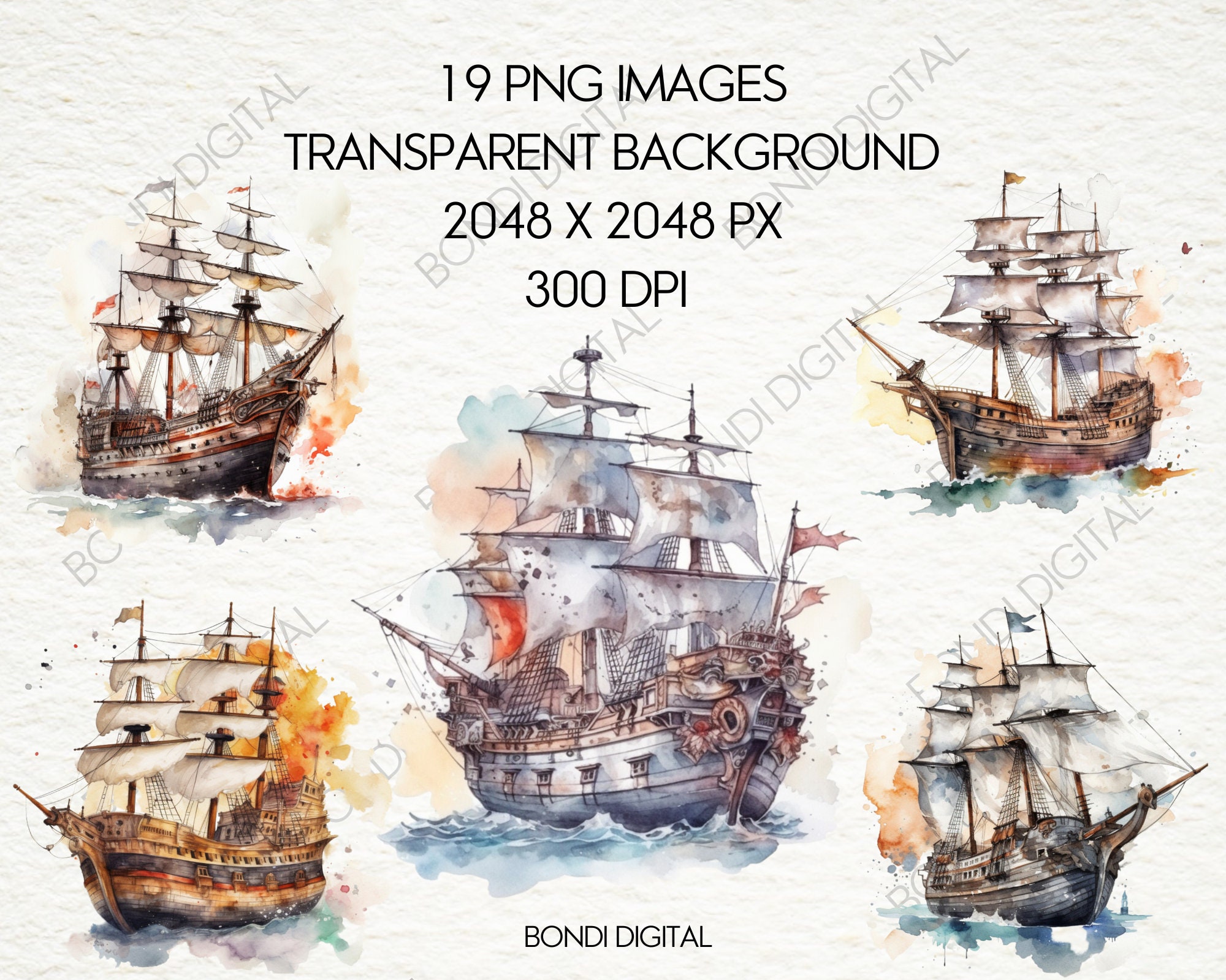 Watercolor Pirate Ship Clipart | PNG Format for Commercial Use, Instant ...
