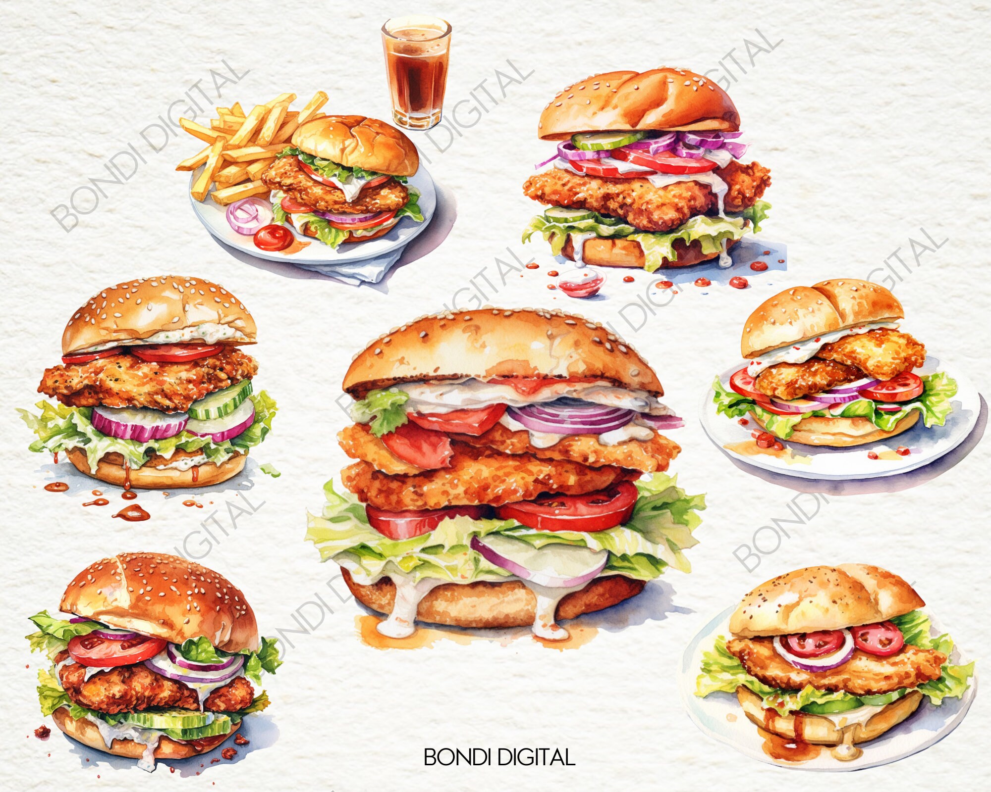 Watercolor Chicken Sandwich Clipart | PNG Format for Commercial Use ...