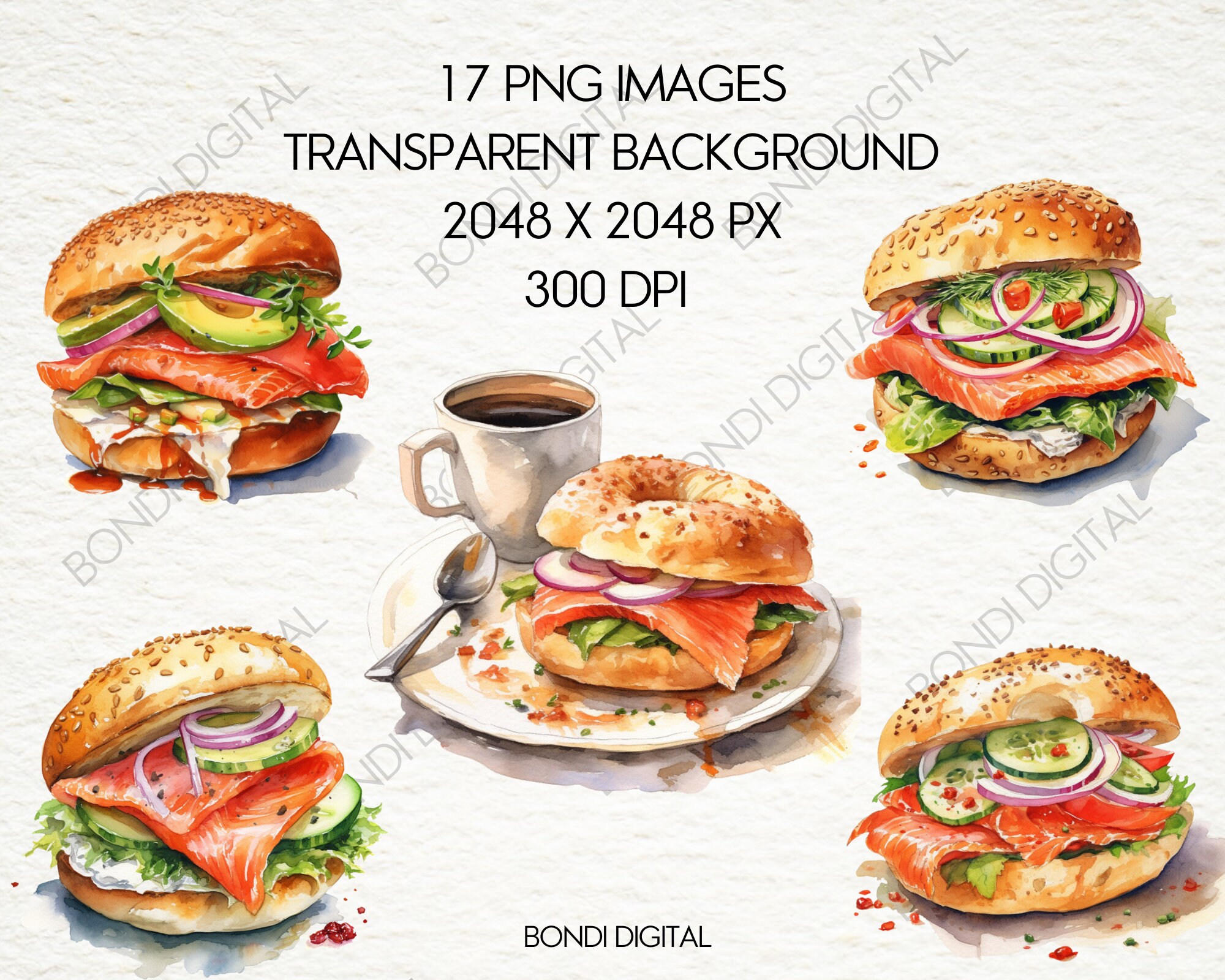 Watercolor New York Bagel and Lox Clipart | PNG Format for Commercial ...