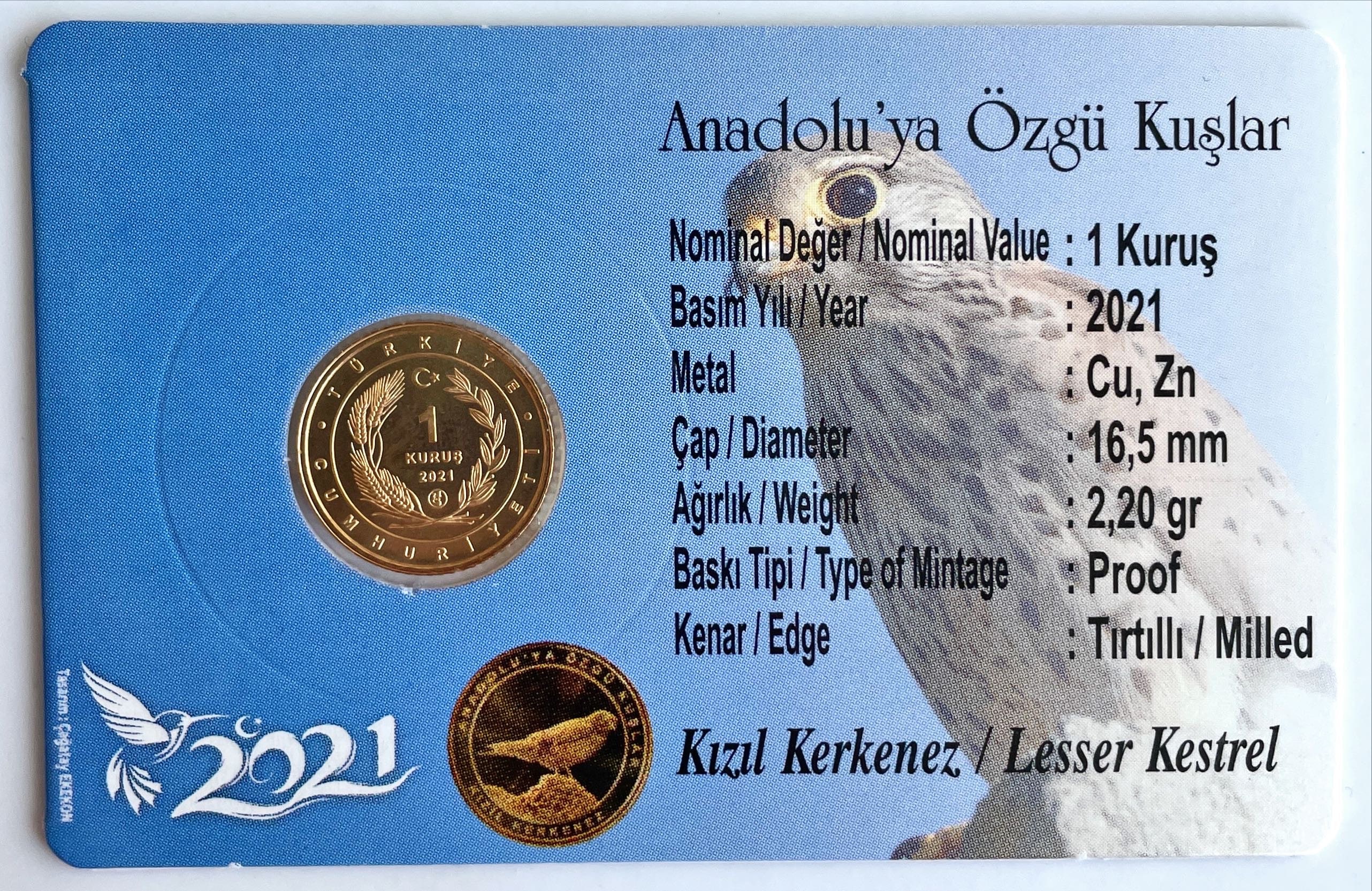 Turkey Turkiye 1 Kurus 2021 Native Birds of Anatolia - Lesser Kestrel ...