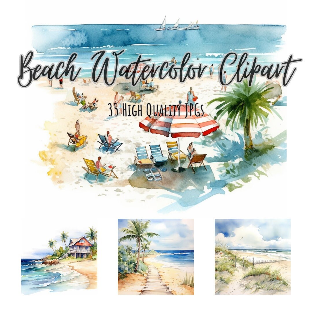 Watercolor Beach Clipart, High Quality Jpgs, Commercial Use, Instant ...