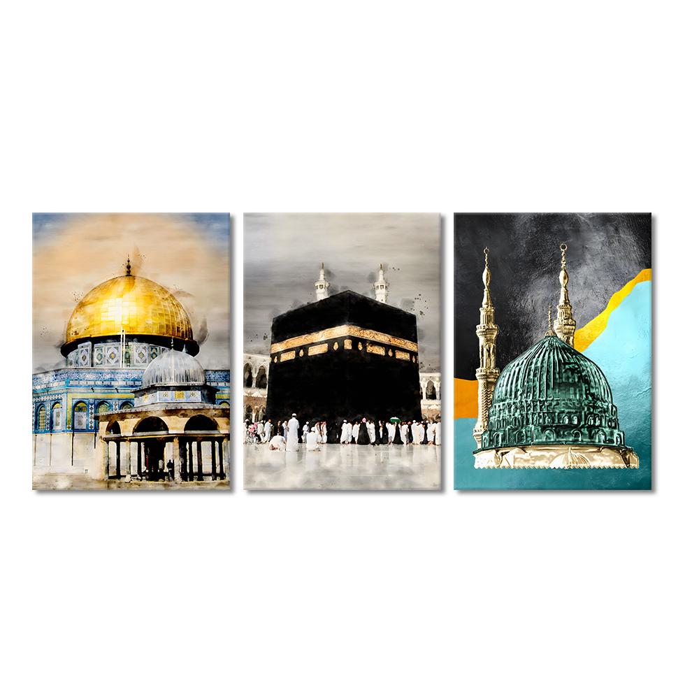 Islamic Wall Art Set of 3 – Mecca Kaaba, Al-aqsa, Madina Green Dome ...