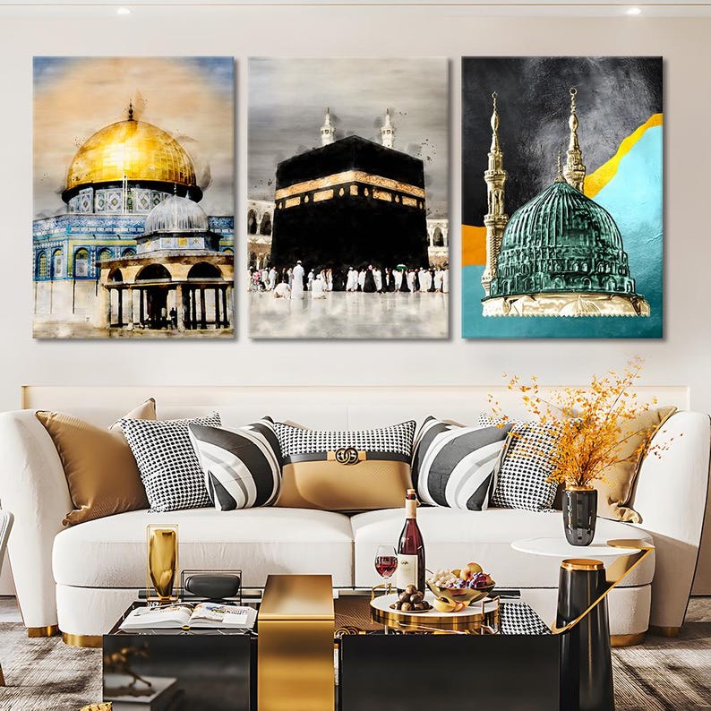 Islamic Wall Art Set of 3 – Mecca Kaaba, Al-aqsa, Madina Green Dome – Muslim Home Decor, Modern ...