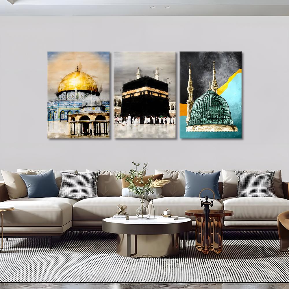 Islamic Wall Art Set of 3 – Mecca Kaaba, Al-aqsa, Madina Green Dome – Muslim Home Decor, Modern ...