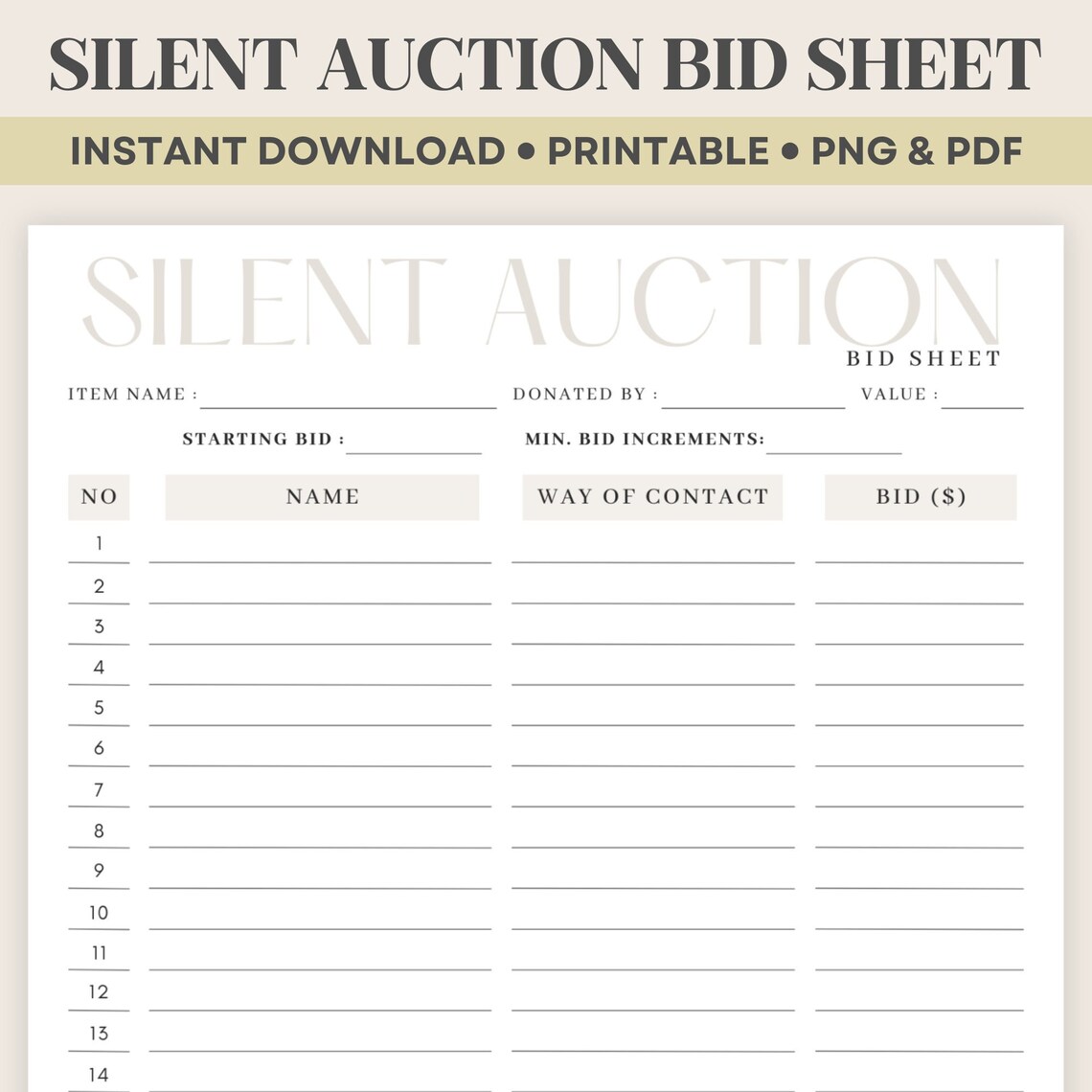 Printable Silent Auction Bid Sheet Bidding Sheet, Silent Auction Bid ...