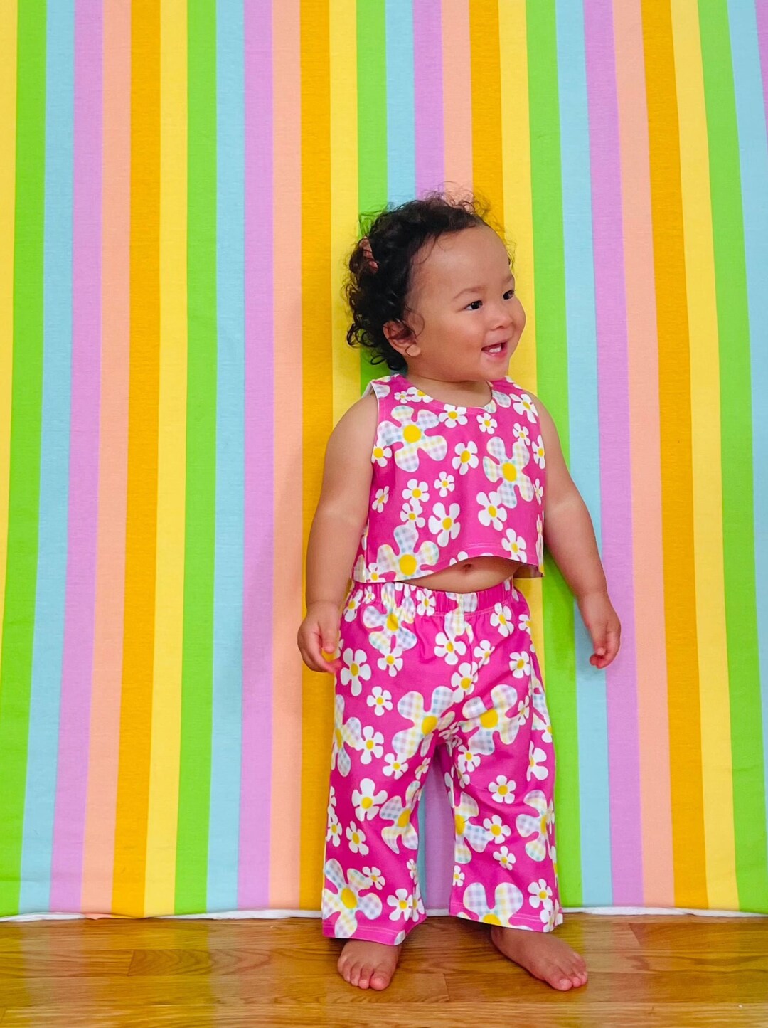 Girl Pink Groovy Flower Power Pants Set Toddler Barbie Pink Party ...