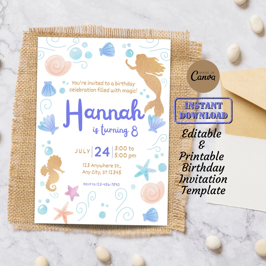 Mermaid Birthday Party Invitation Card Canva Template Editable ...