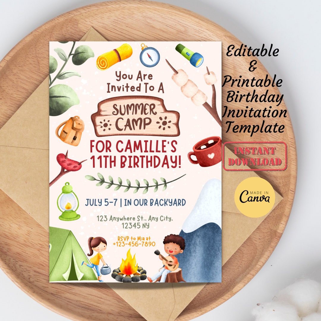 Summer Camp Birthday Party Invitation Card Template | Editable Printable Digital Camp Out ...