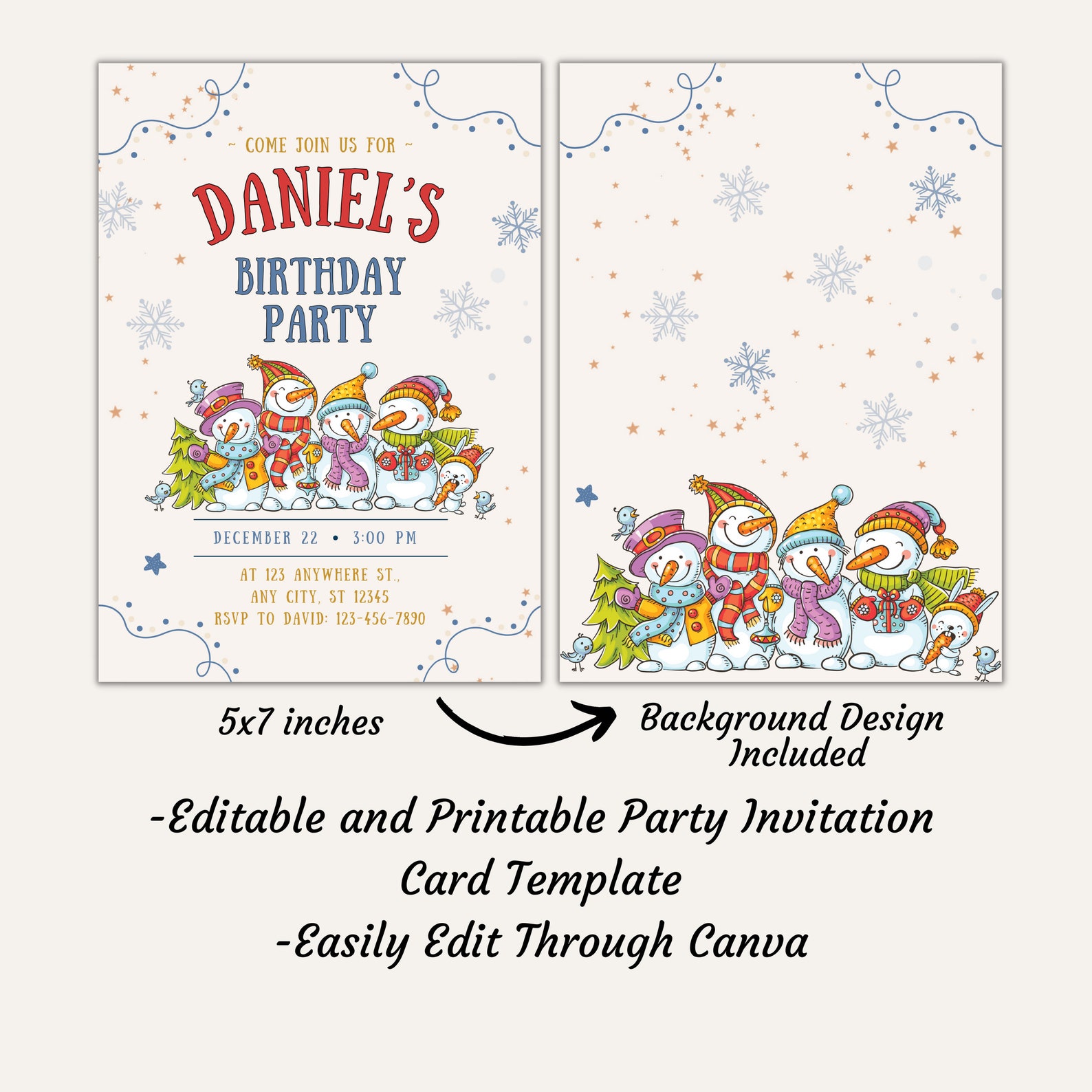 Snowman Birthday Party Invitation Card Template Editable, Printable ...