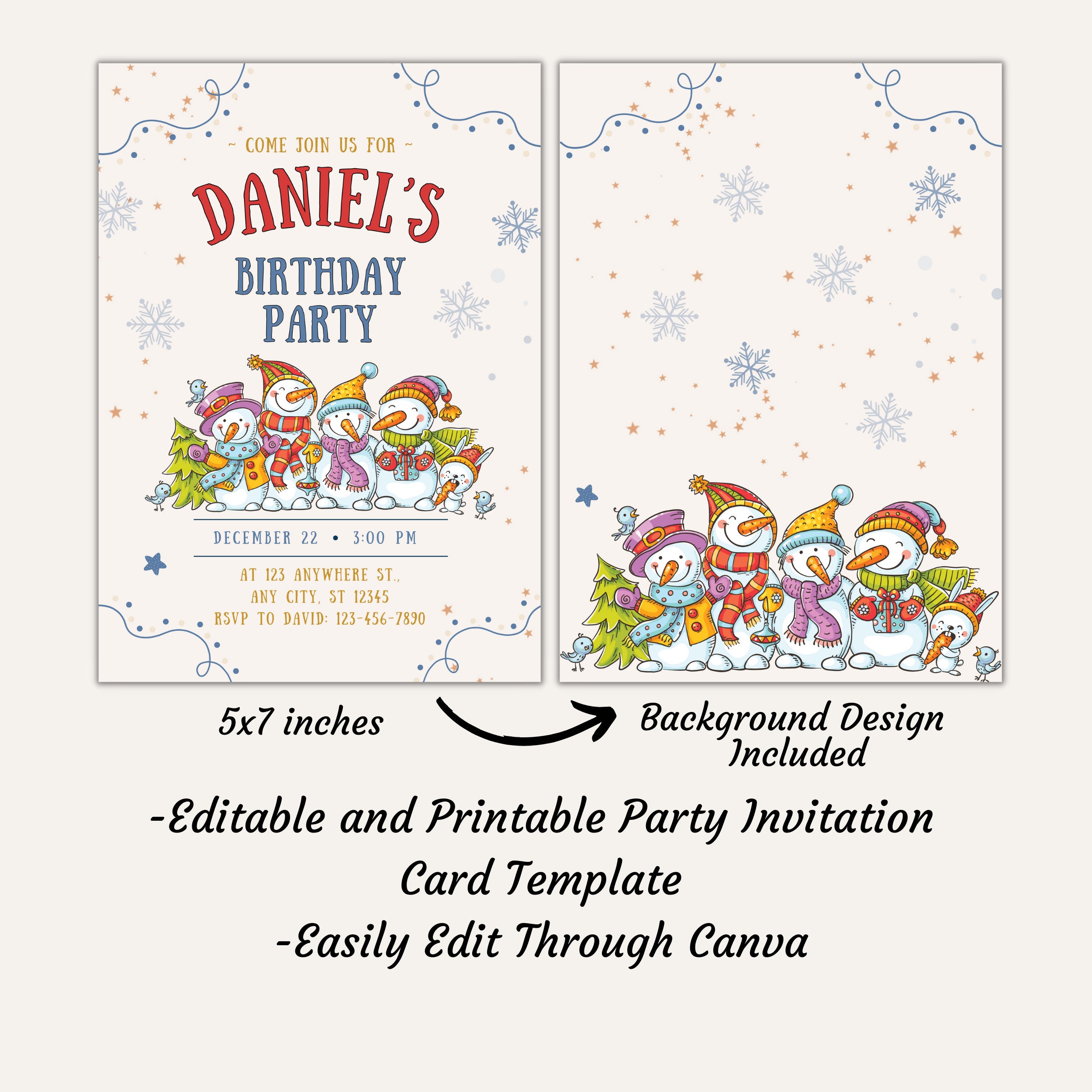 Snowman Birthday Party Invitation Card Template Editable, Printable ...