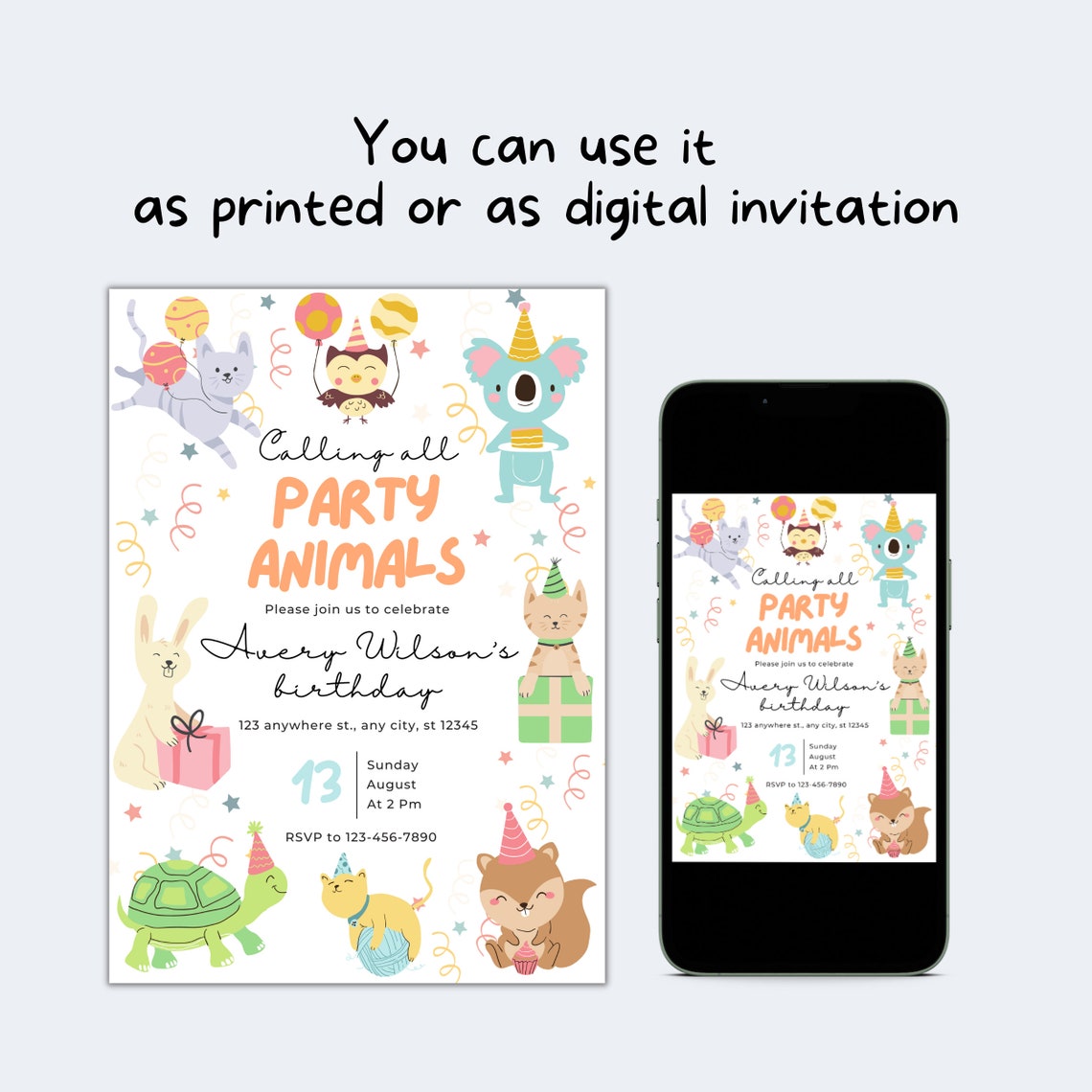 Party Animals Birthday Party Invitation Card Template Editable ...