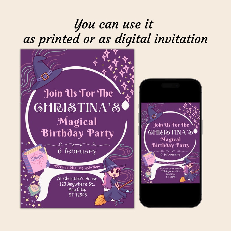 Witch Birthday Party Invitation Card Template Editable Printable ...