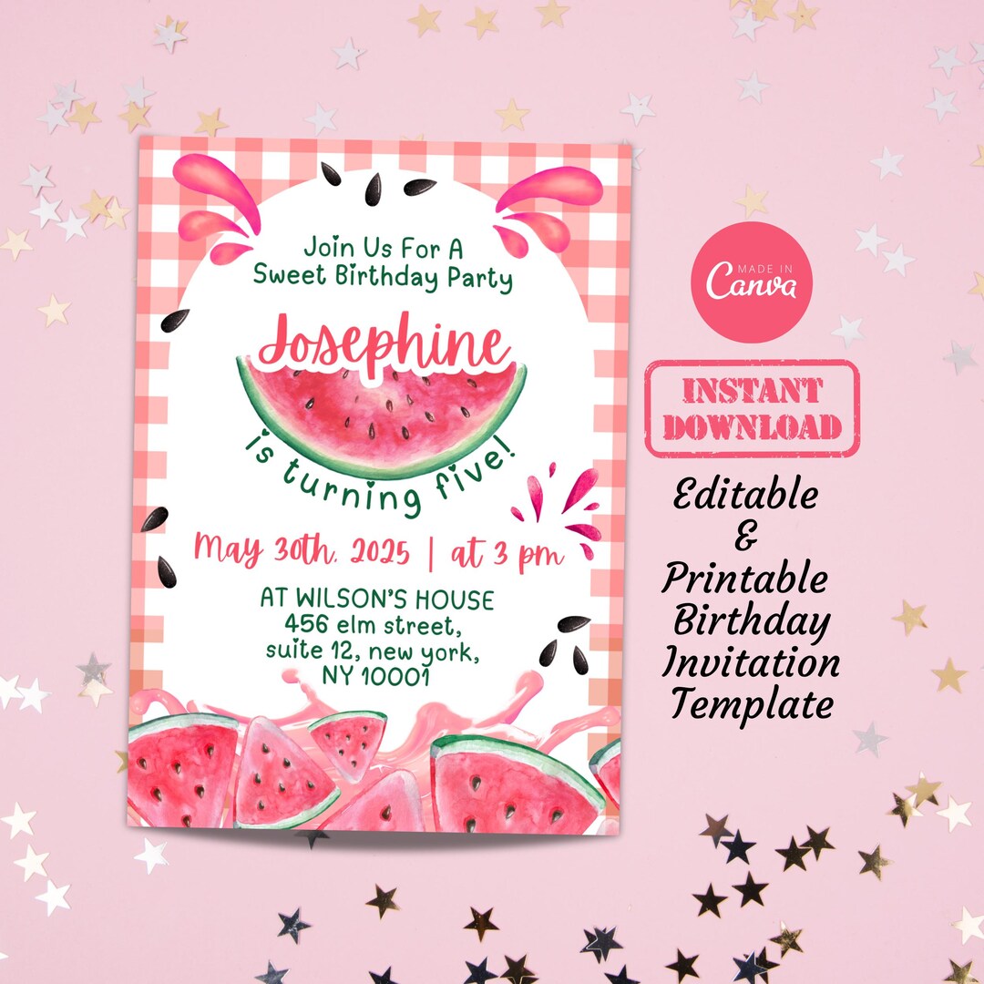 Watercolor Watermelon Pink Birthday Party Invitation Card Canva ...