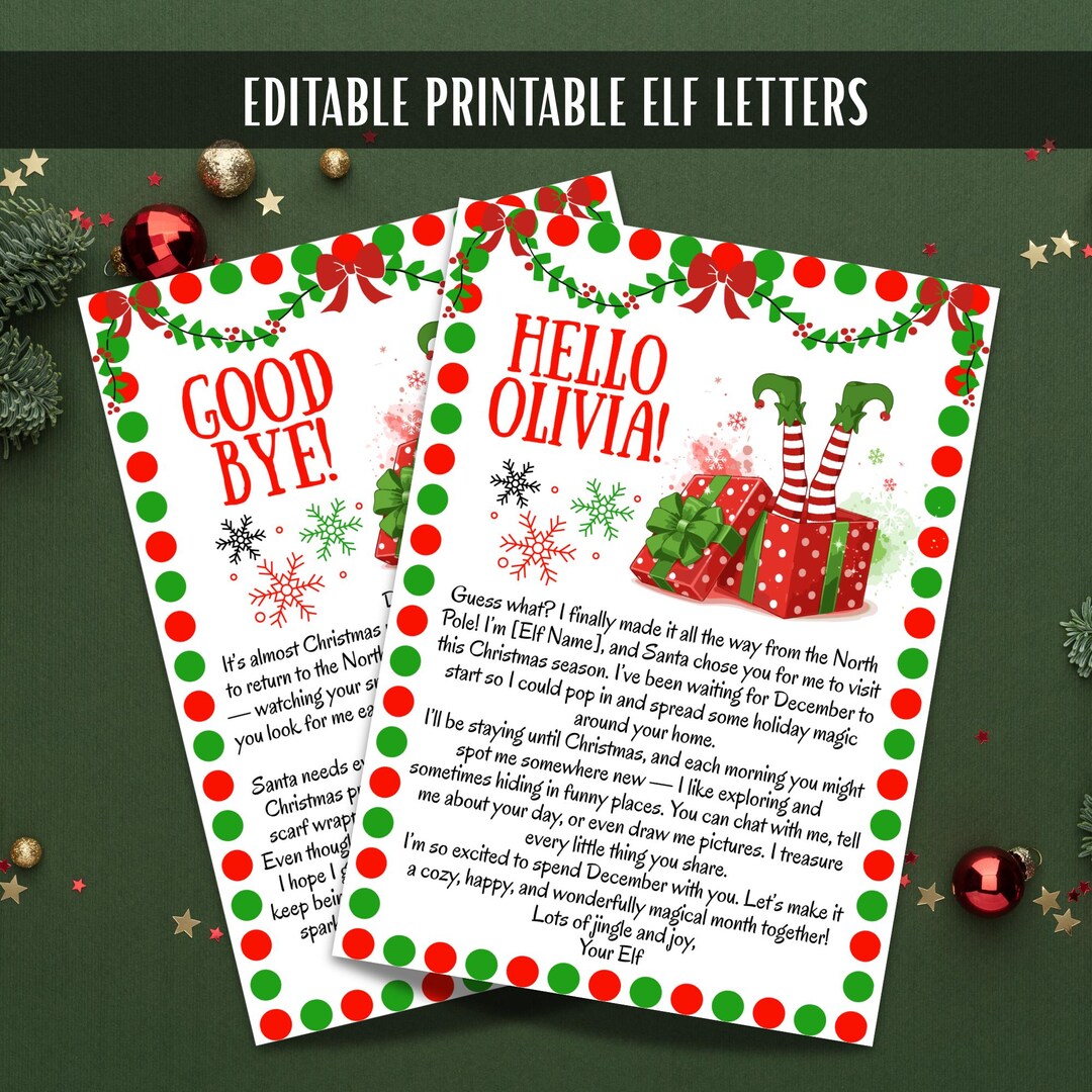 Christmas Elf Arrival Hello and Goodbye Letters Card Template Editable ...