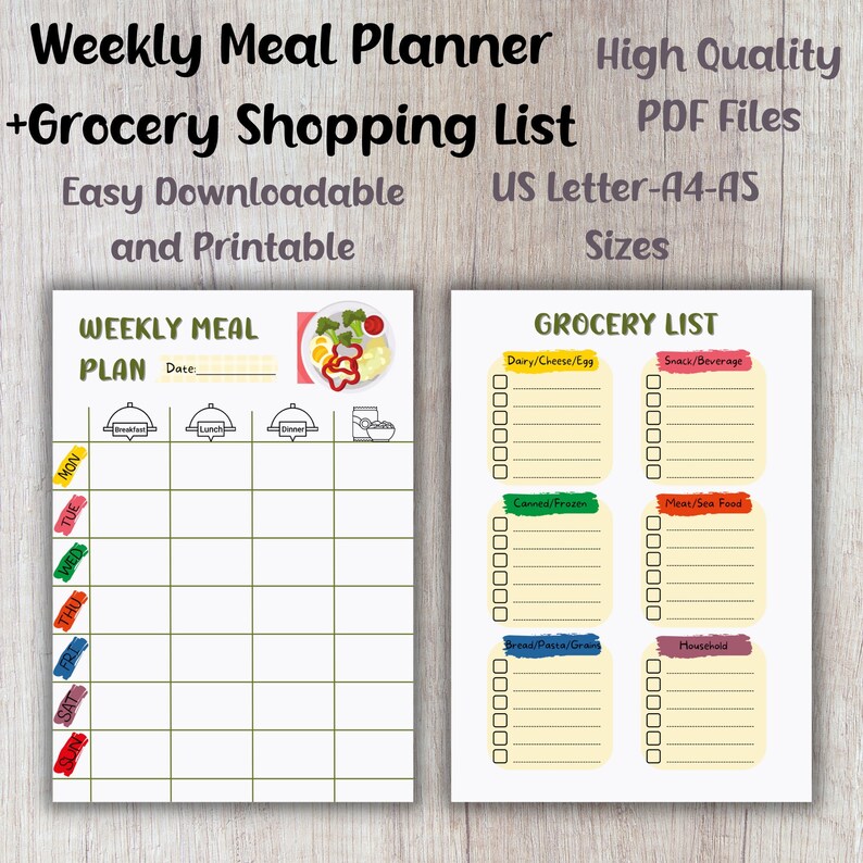 Printable Weekly Meal Planner and Grocery Shopping List Digital Weekly ...