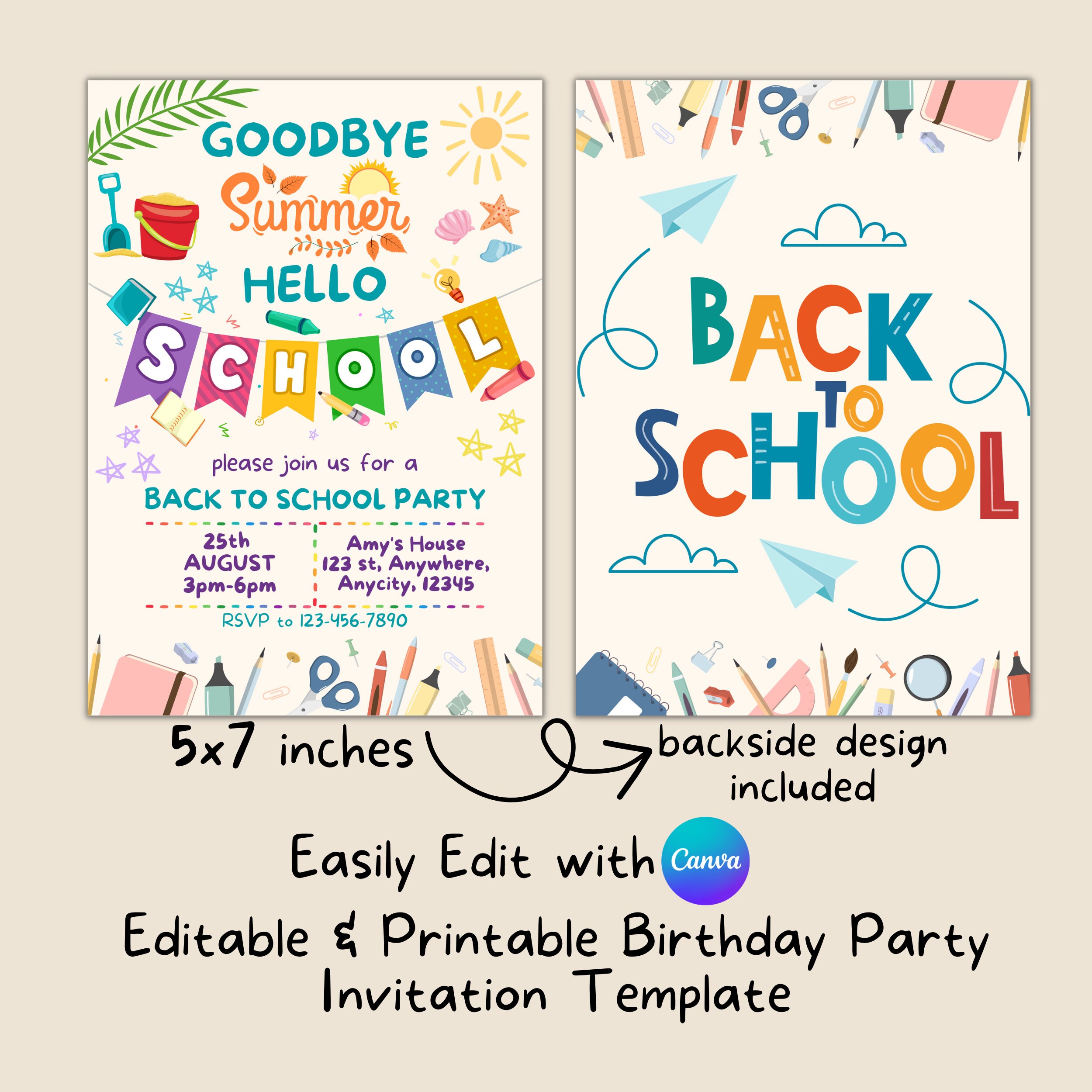 Back to School Bash Party Invitation Card Canva Template Editable ...