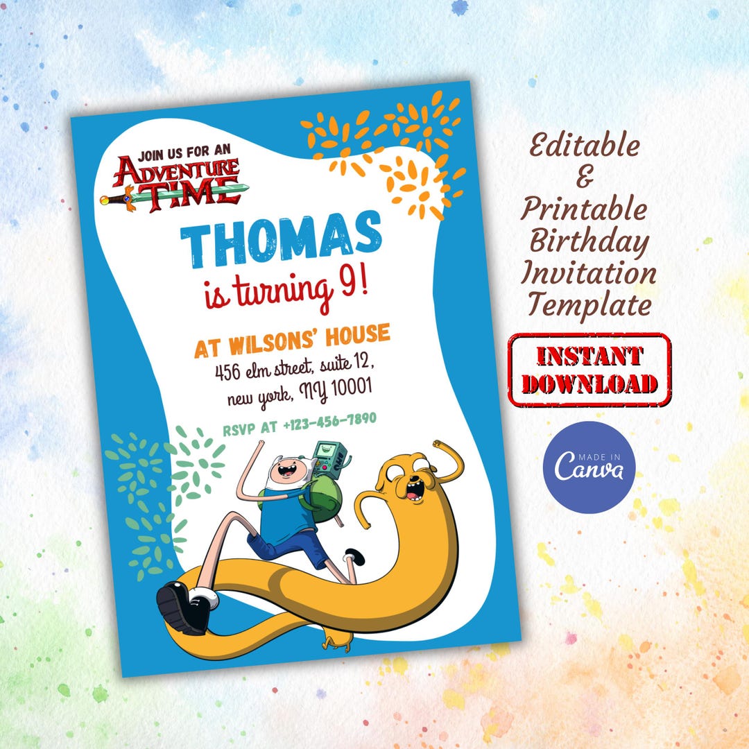 Adventure Time Birthday Party Invitation Card Template Editable ...
