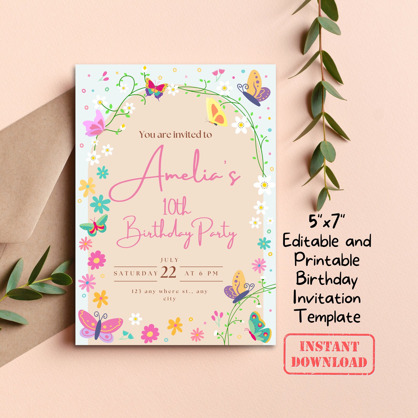 Editable Pastel Butterfly Floral Birthday Party Invitation - Etsy
