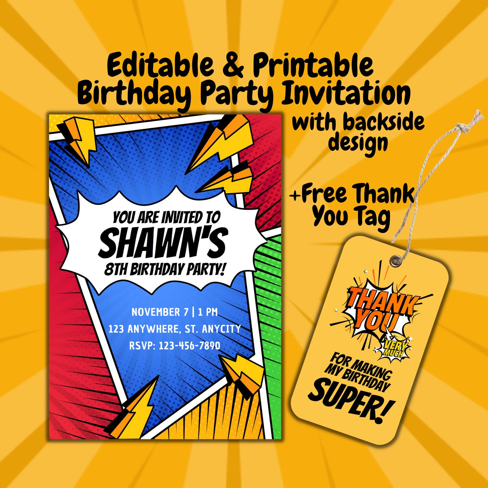 Editable & Printable Marvel Birthday Party Invitation and Thank You Tag ...