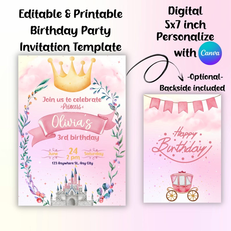 Pink Princess Birthday Invitation Card Template Printable ...