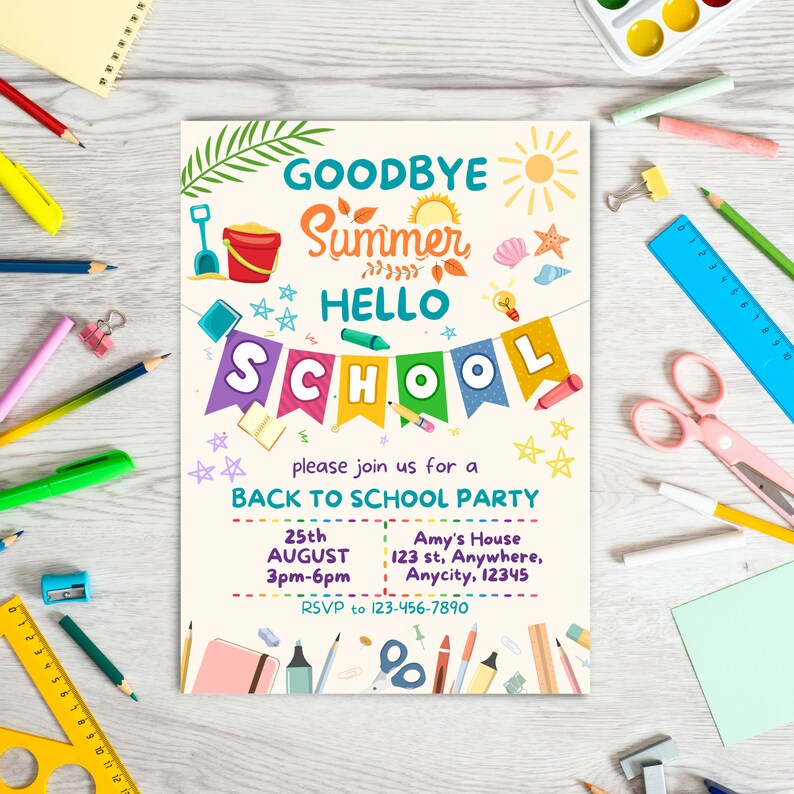 Back to School Bash Party Invitation Card Template Editable, Printable, Digital Goodbye Summer ...