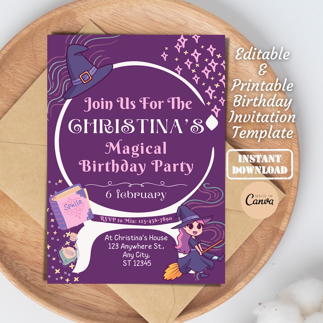 Witch Magical Birthday Party Invitation Card Template | Editable ...