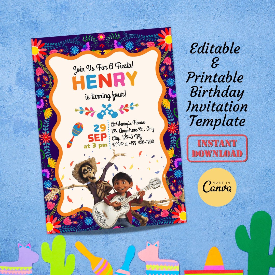 Coco Birthday Party Invitation Card Template Printable Editable Digital ...