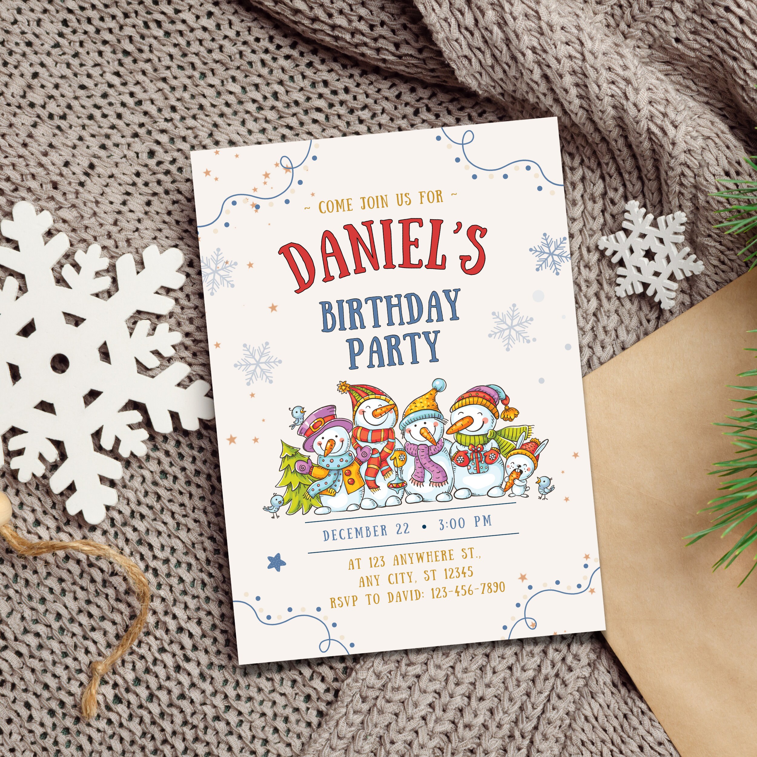 Snowman Birthday Party Invitation Card Canva Template Editable ...