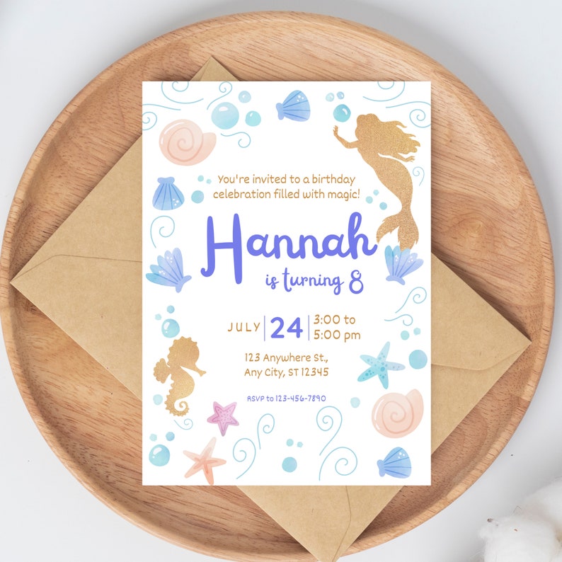 Mermaid Birthday Party Invitation Card Canva Template Editable ...