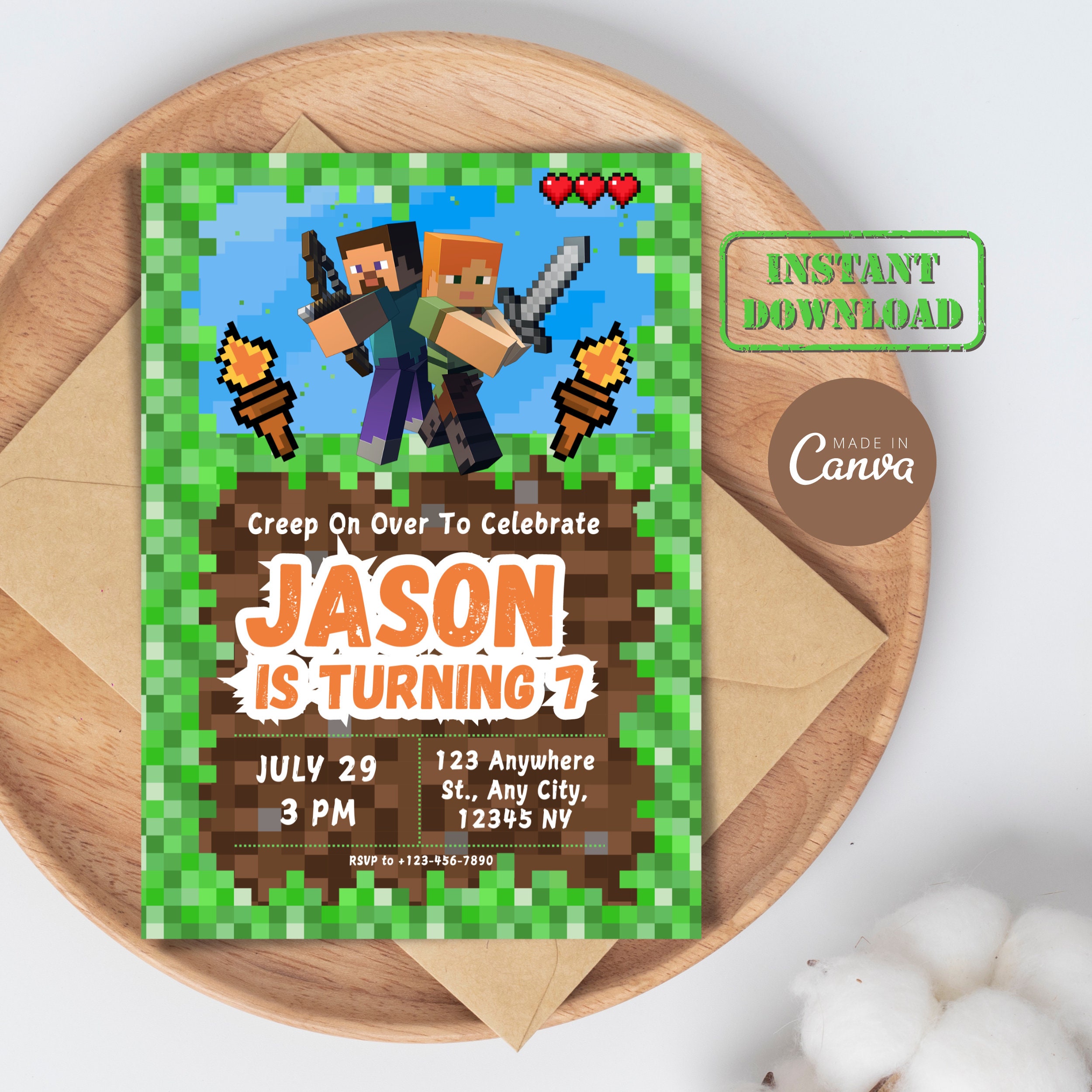 Minecrafter Birthday Party Invitation Card Template Editable Printable ...