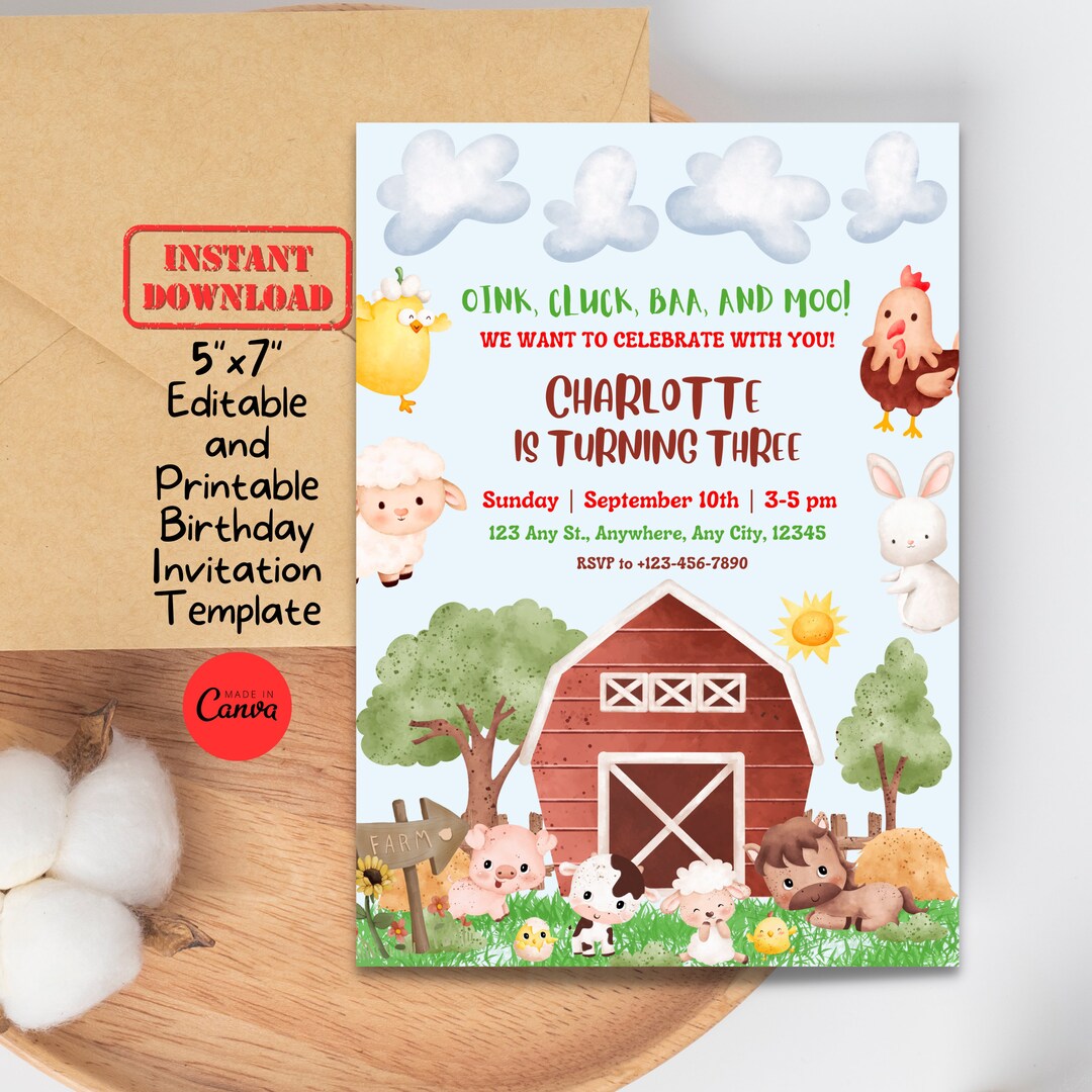 Farm Birthday Party Invitation Card Template Printable, Editable ...