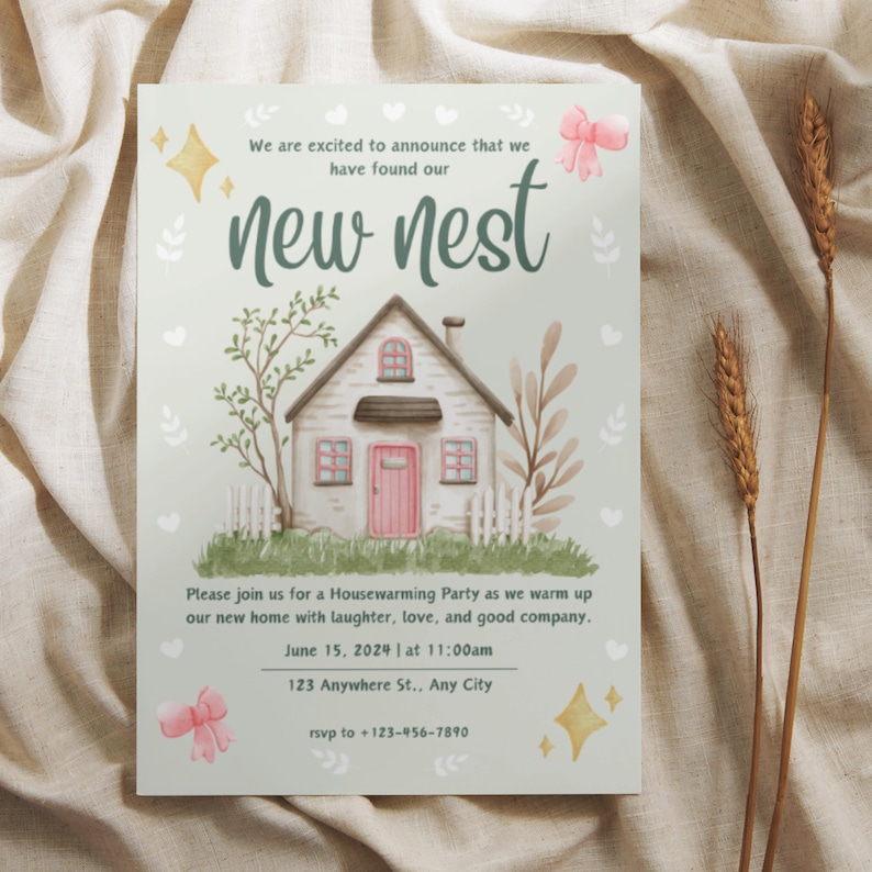 New Nest Housewarming Party Invitation Template, Editable Printable ...