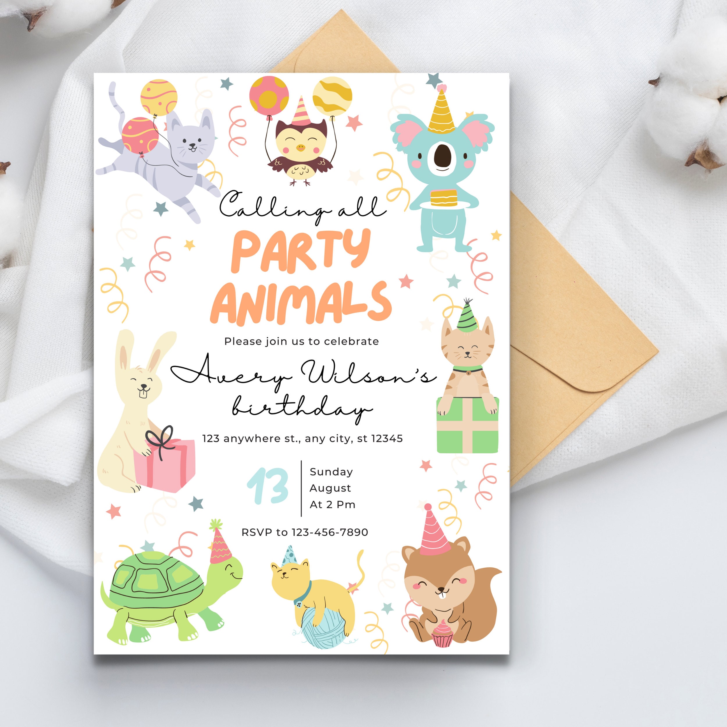 Party Animals Birthday Party Invitation Card Template Editable ...