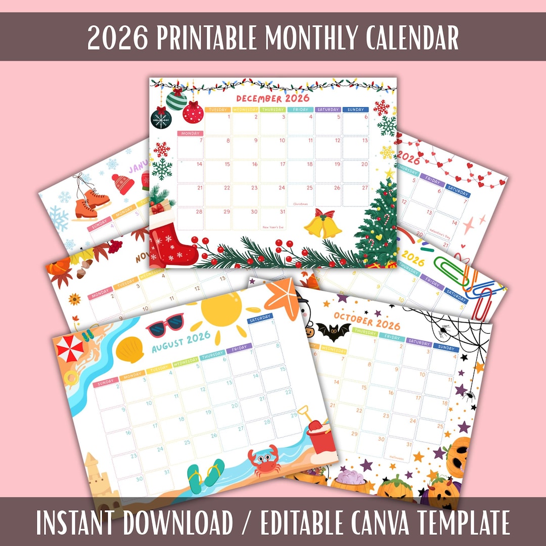 2026 Cute Colorful Printable Editable Calendar Template Kids Calendar ...