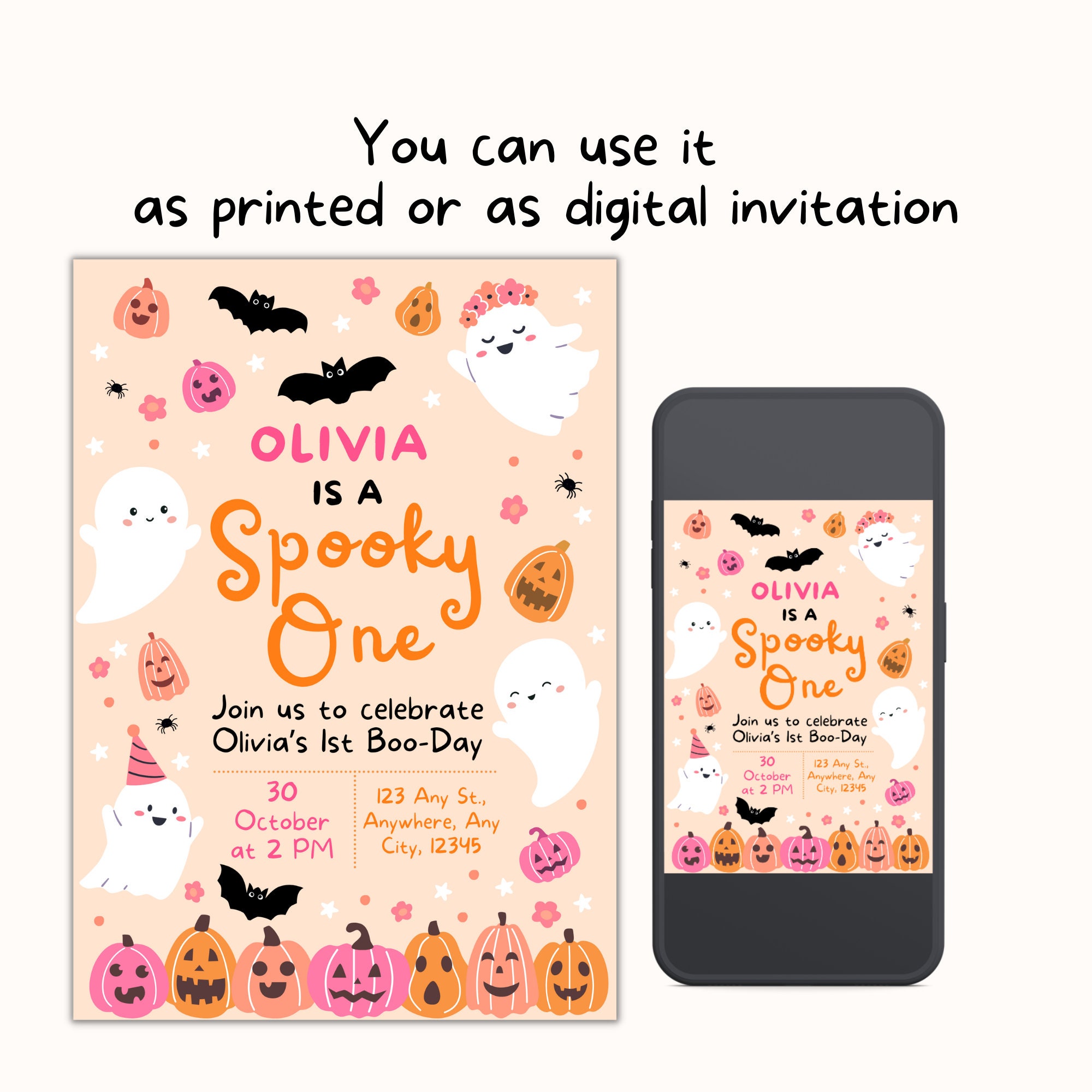 Spooky One Halloween Birthday Party Invitation Card Template Editable ...