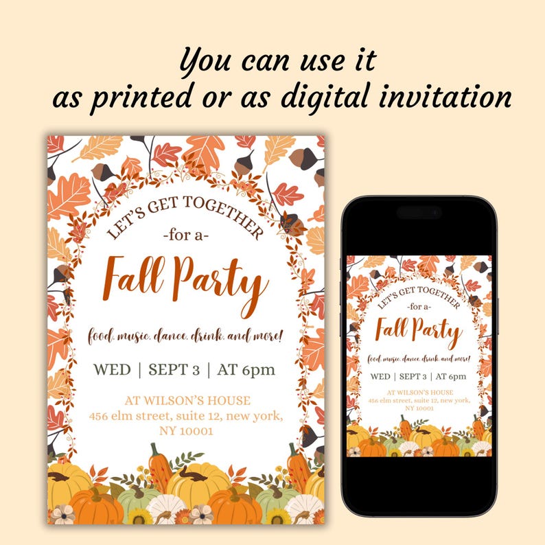 Fall Party Invitation Card Template Editable Printable Digital Fall ...