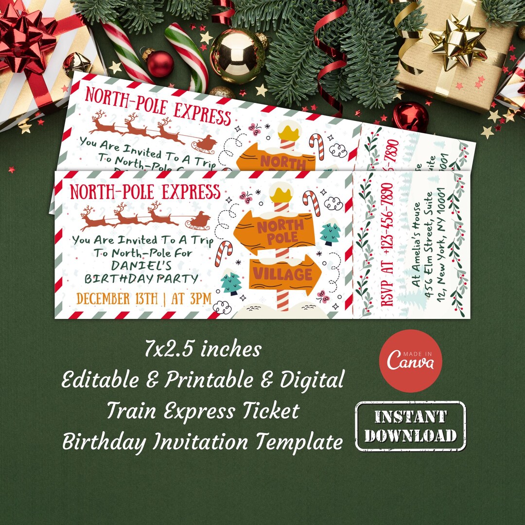 North Pole Express Train Ticket Birthday Party Invitation Card Template ...