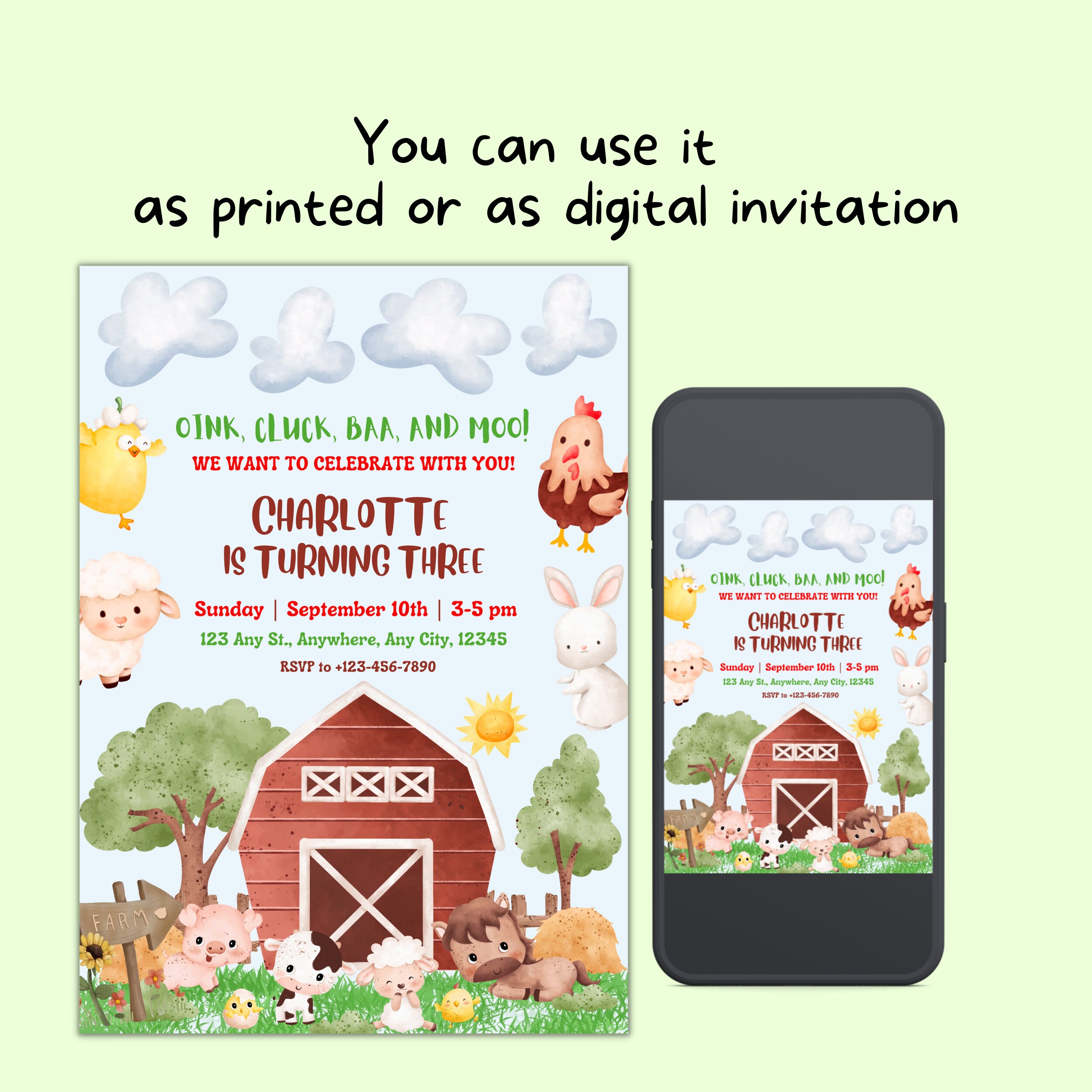 Farm Birthday Party Invitation Card Template Printable, Editable ...