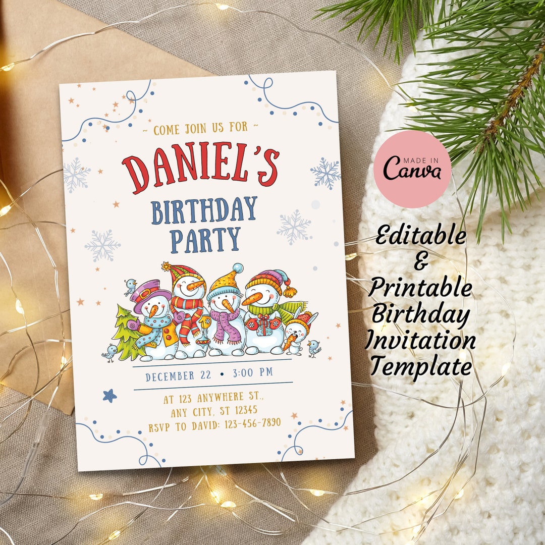 Snowman Birthday Party Invitation Card Canva Template Editable ...