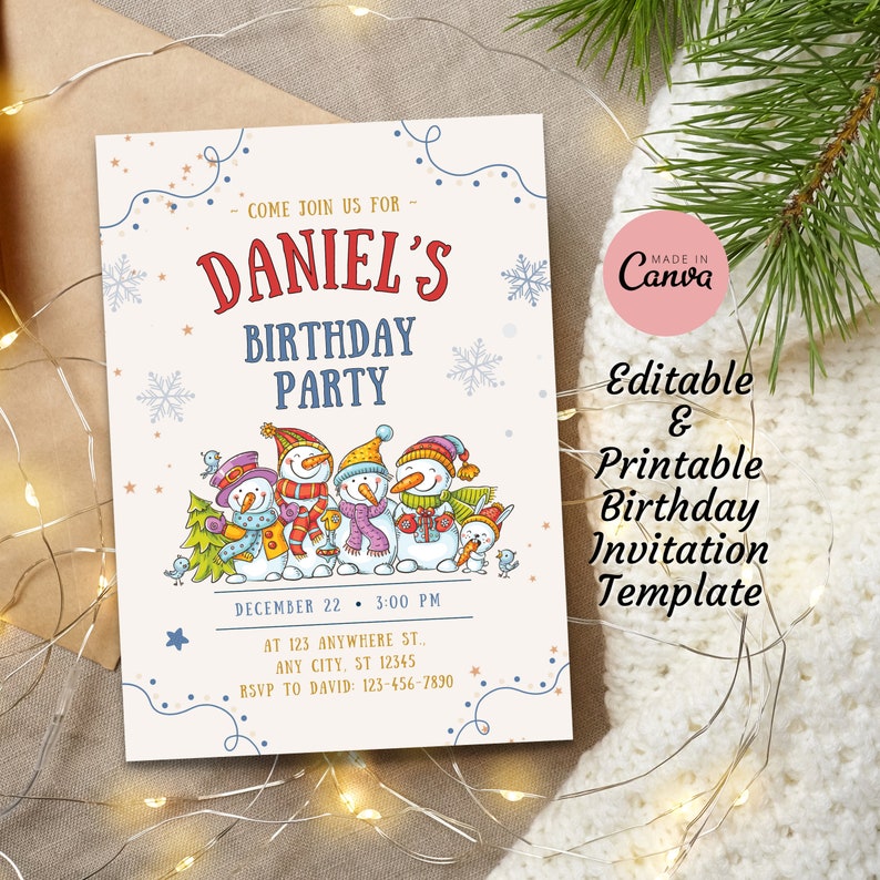 Snowman Birthday Party Invitation Card Template Editable, Printable ...